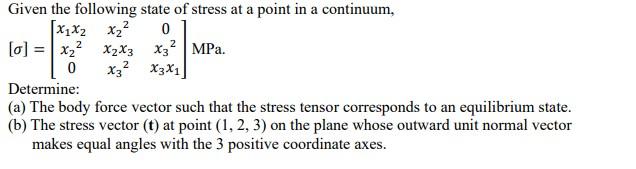 Solved Given the following state of stress at a point in a | Chegg.com