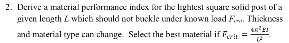 Solved 2. Derive a material performance index for the | Chegg.com