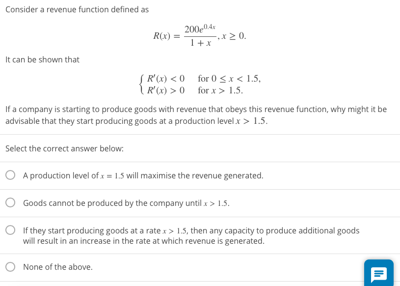 Solved Consider a revenue function defined as R(x) 200e0.4x | Chegg.com