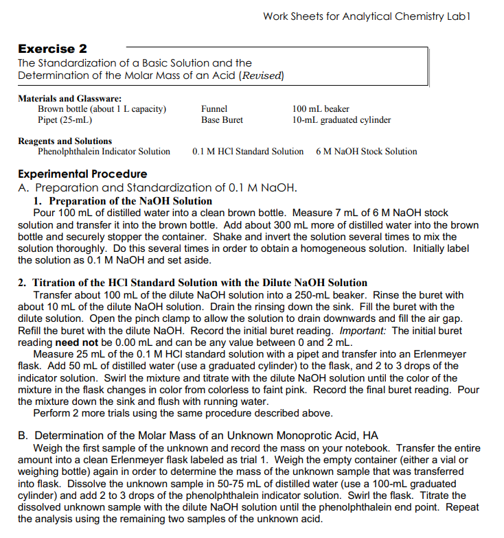 Solved Work Sheets for Analytical Chemistry Labl Exercise 2 | Chegg.com