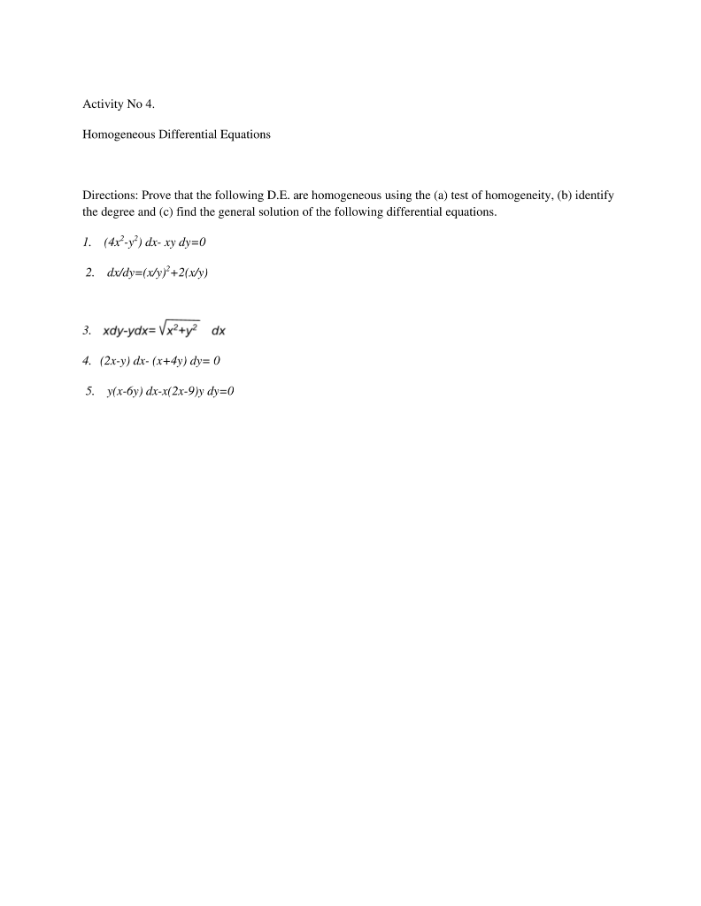 Solved Activity No 4 Homogeneous Differential Equations | Chegg.com