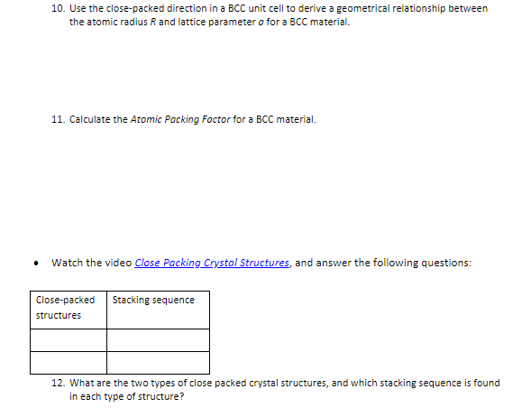 Solved 10. Use the close-packed direction in a BCC unit cell | Chegg.com