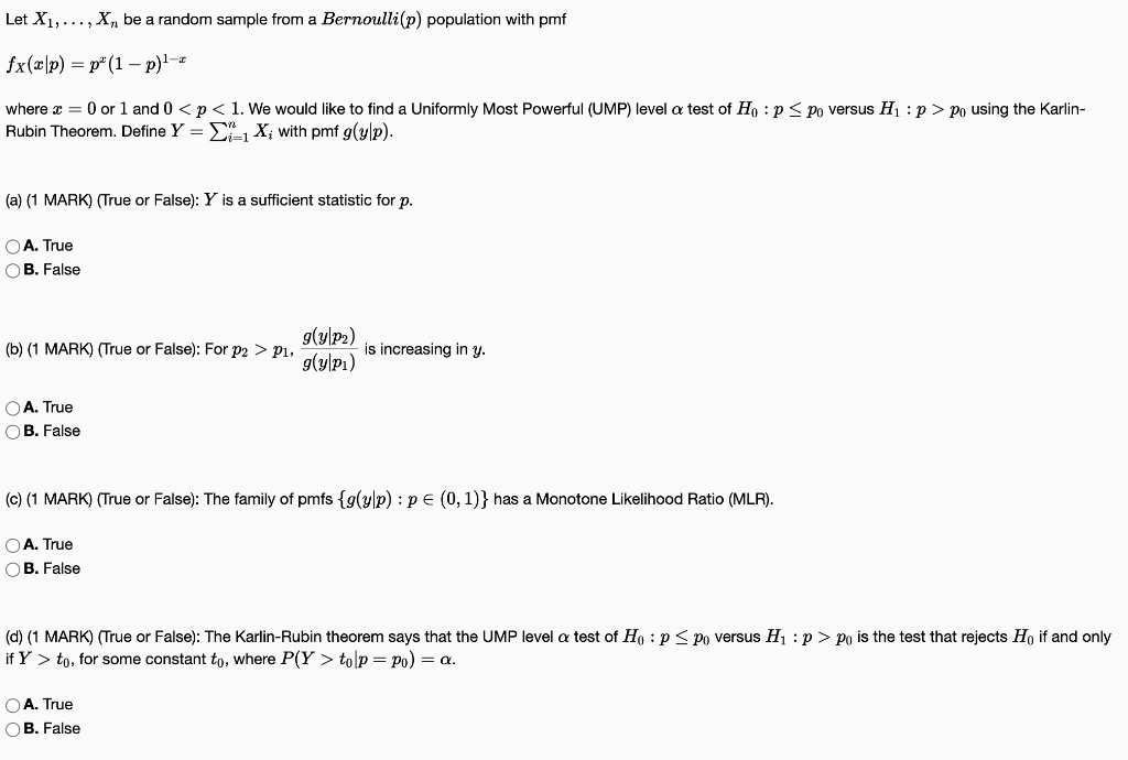 Let X1,…,Xn be a random sample from a Bernoulli(p) | Chegg.com