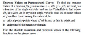 Solved Extreme Values on Parametrized Curves To find the | Chegg.com