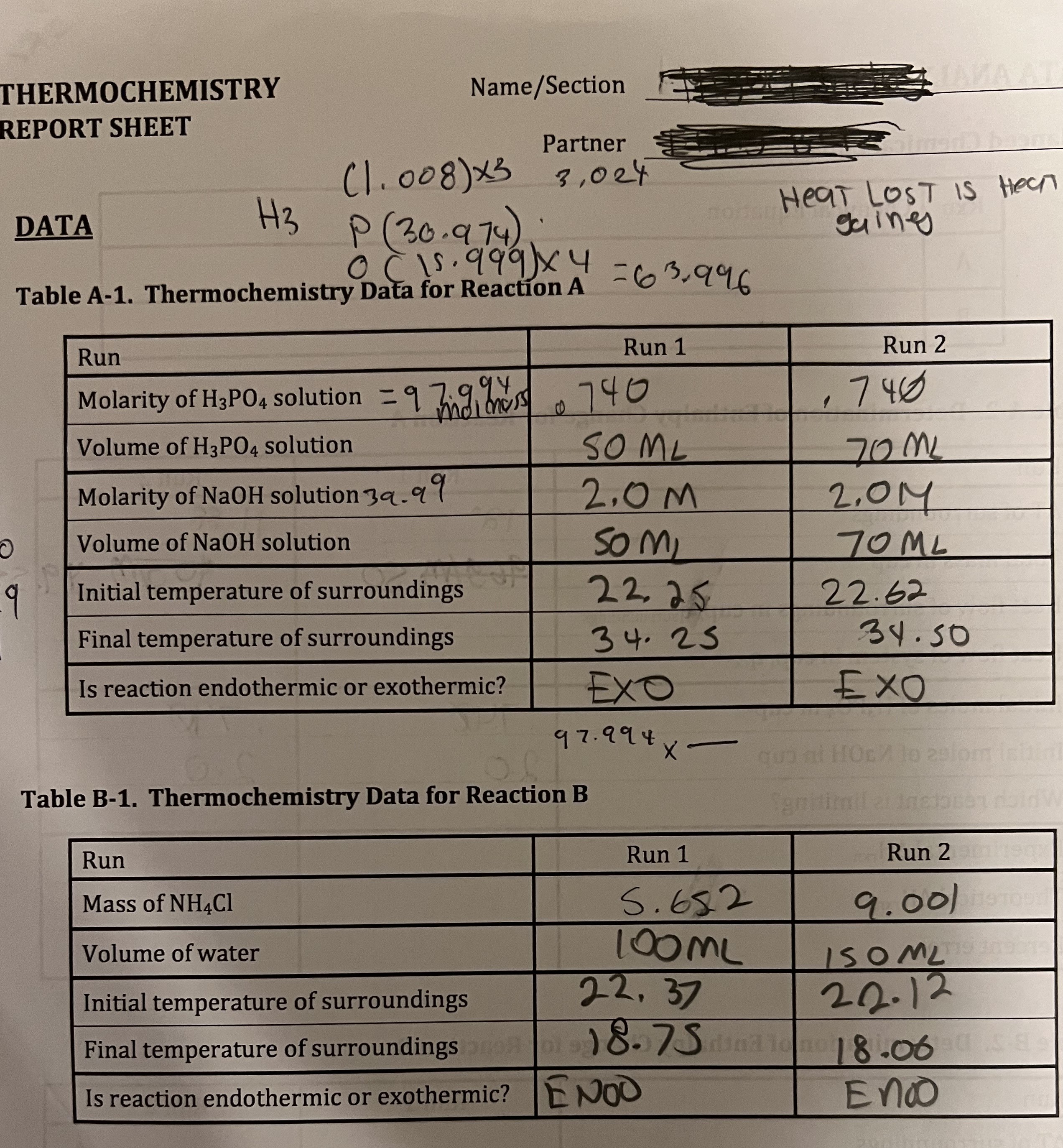 THERMOCHEMISTRY REPORT SHEET DATA H3 Name/Section | Chegg.com
