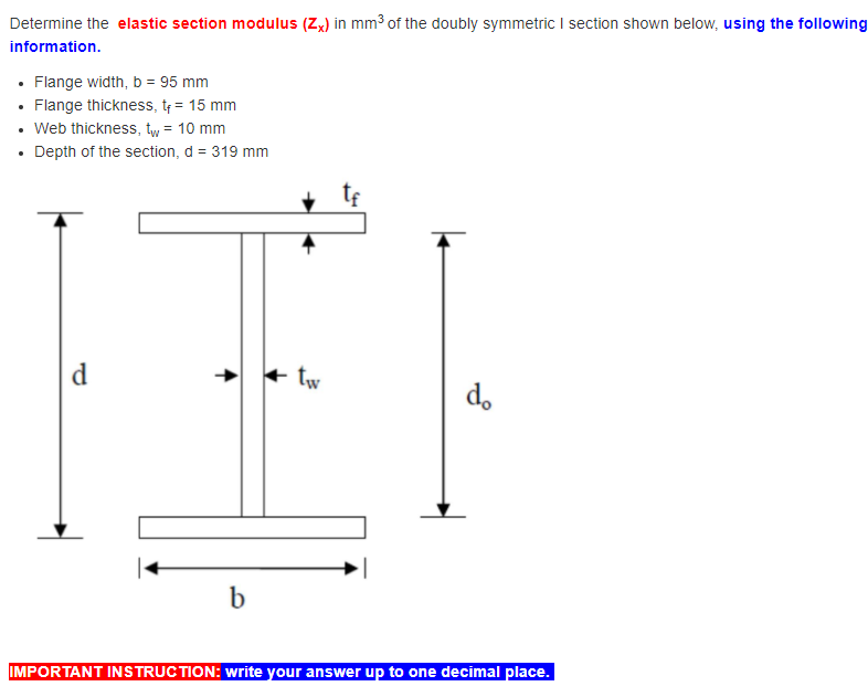 Solved Determine the elastic section modulus (2x) in mm3 of | Chegg.com