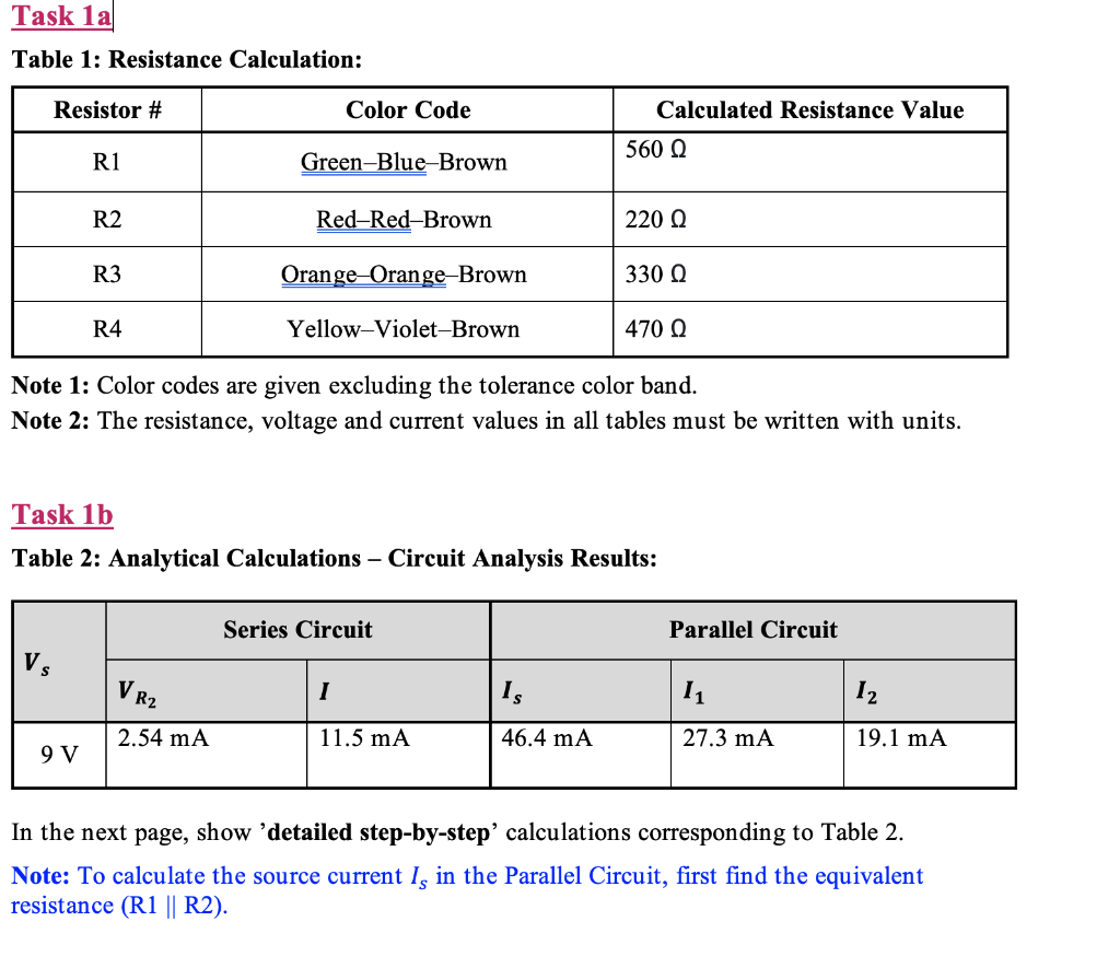 Solved Table 1: Resistance Calculation: Note 1: Color codes | Chegg.com