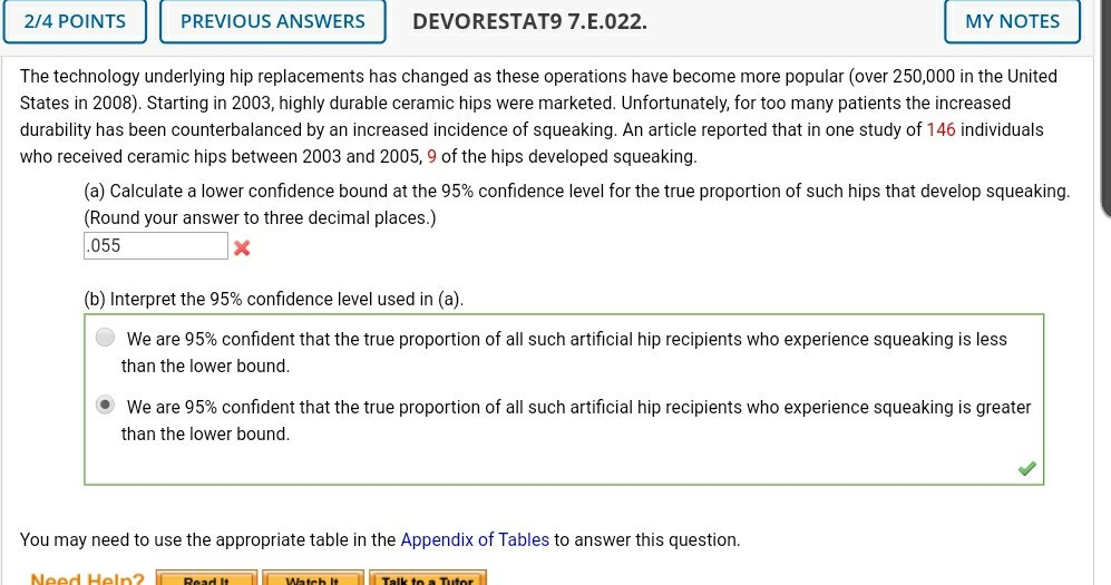 Solved 2/4 POINTS PREVIOUS ANSWERS DEVORESTAT9 7.E.022. MY | Chegg.com