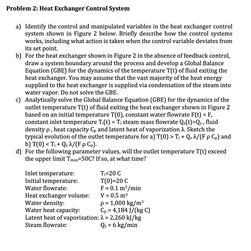 Solved Problem 2: Heat Exchanger Control System a) Identify | Chegg.com