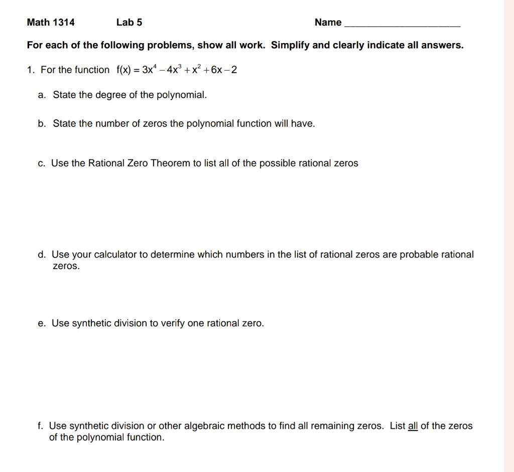 Solved Math 1314 Lab 5 Name For each of the following | Chegg.com