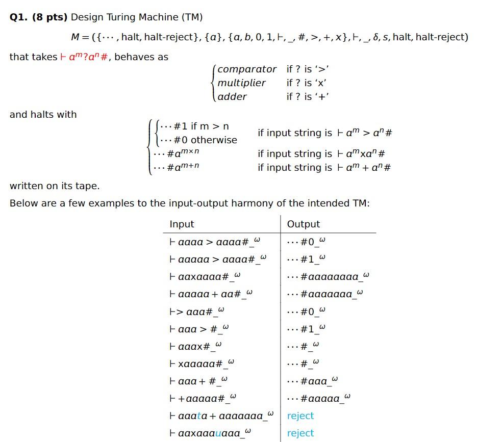 Solved Q1. (8 pts) Design Turing Machine (TM) M = ({…, halt, | Chegg.com