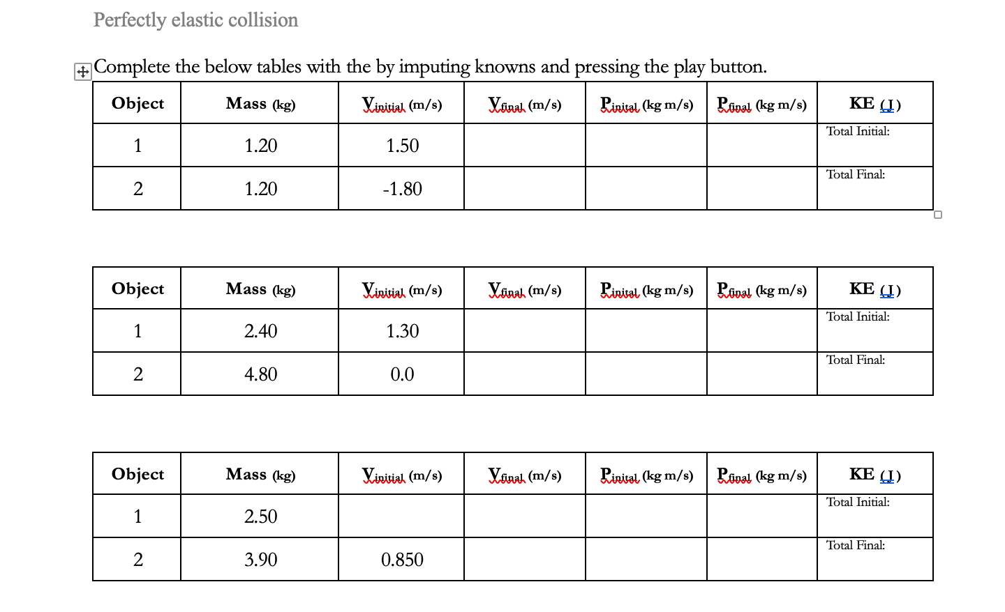 Perfectly elastic collision Complete the below tables | Chegg.com