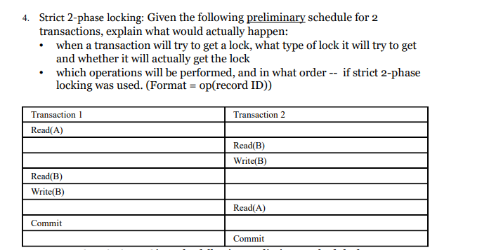 Solved 4. Strict 2-phase locking: Given the following | Chegg.com