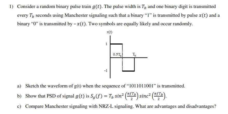 Solved 1) Consider a random binary pulse train g(t). The | Chegg.com