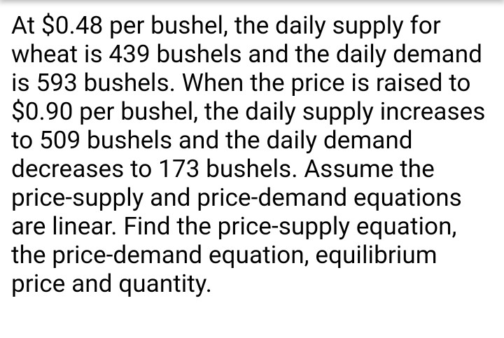 Solved At $0.48 per bushel, the daily supply for wheat is | Chegg.com