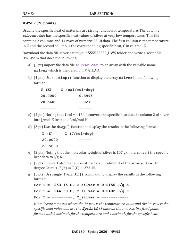 Solved NAME: LAB SECTION: HW5P2 (20 points) Usually the | Chegg.com