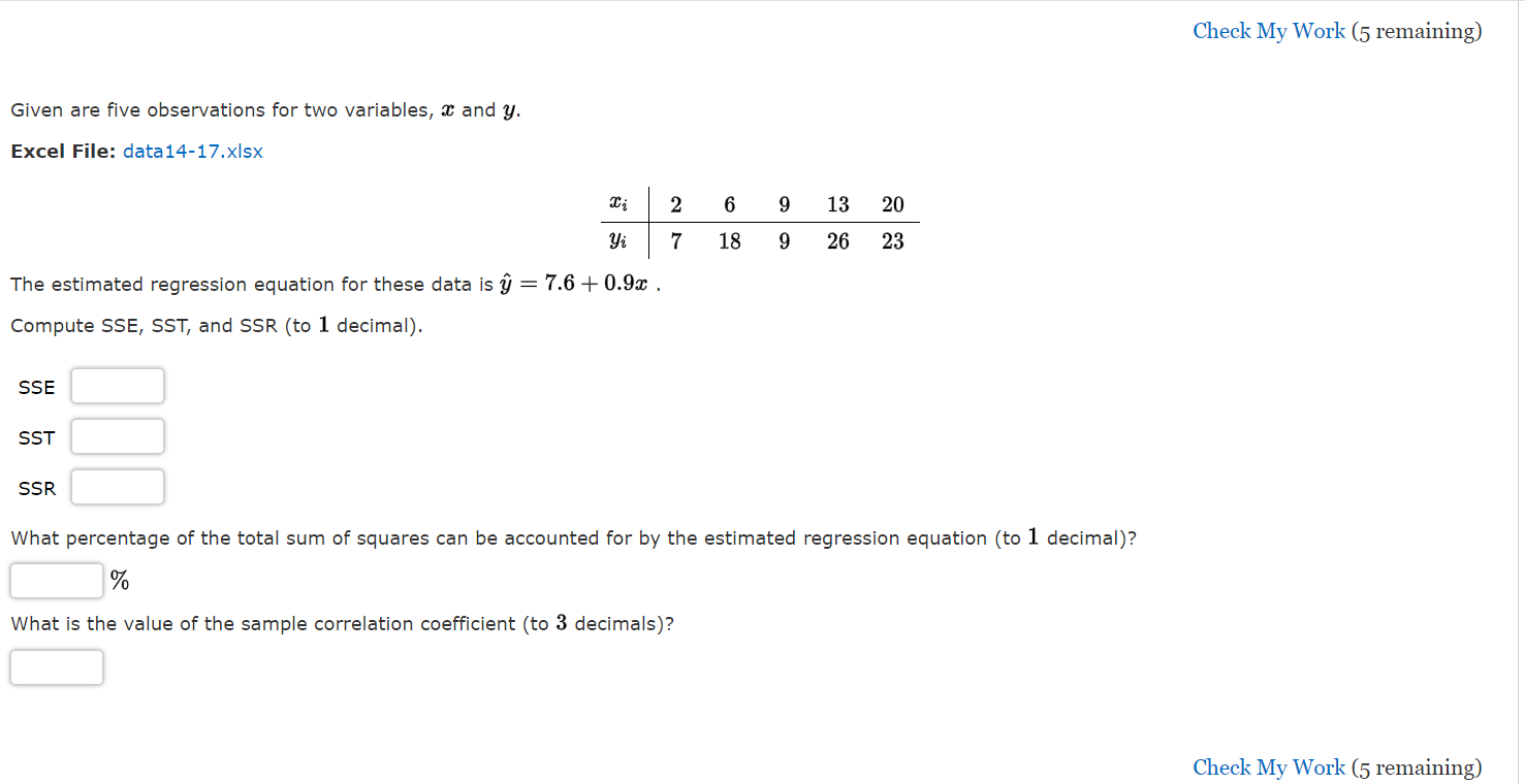 Solved Check My Work (5 remaining) Given are five | Chegg.com