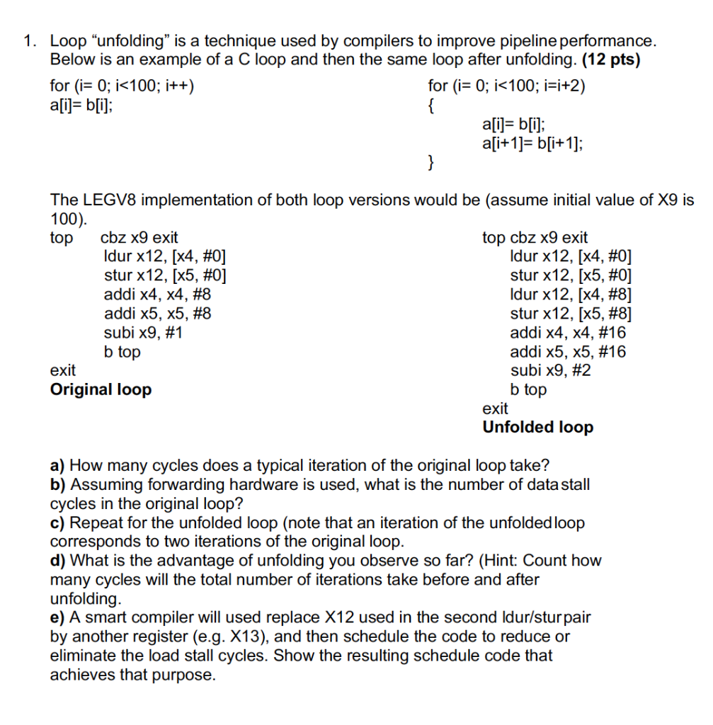 Loop unfolding is a technique used by compilers to | Chegg.com