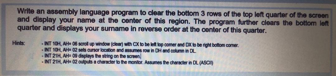 Solved Write an assembly language program to clear the | Chegg.com