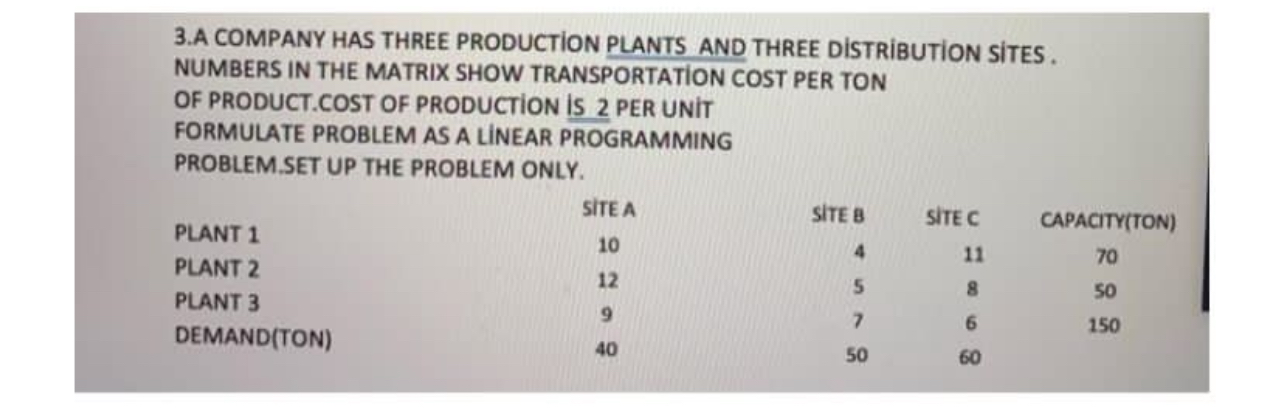 Solved 3.A COMPANY HAS THREE PRODUCTION PLANTS AND THREE | Chegg.com