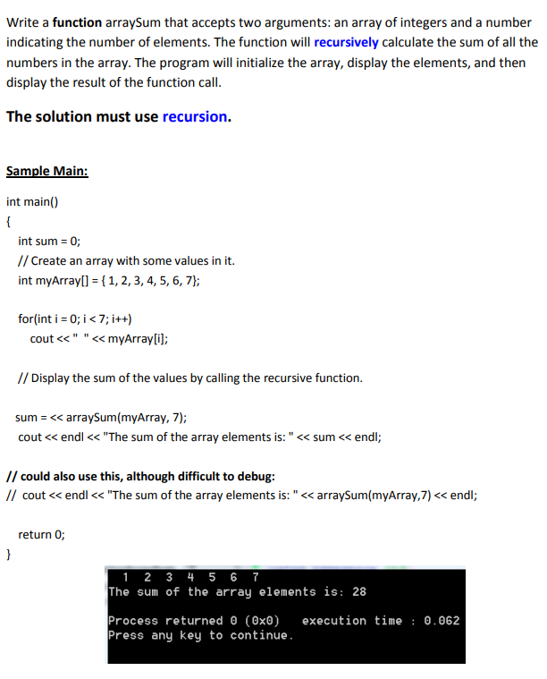 Solved Write a function arraySum that accepts two arguments: | Chegg.com