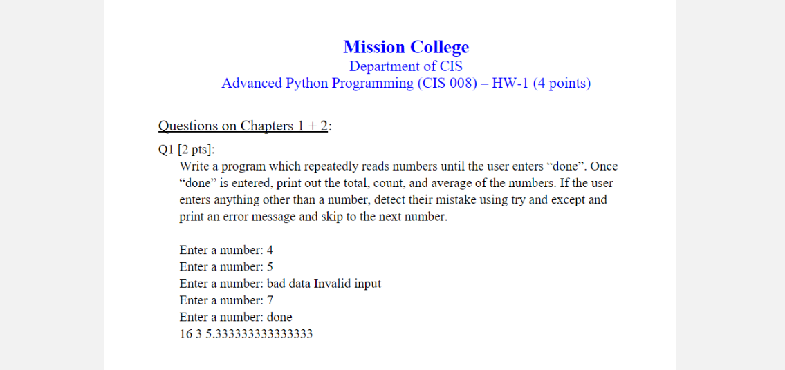 Solved Mission College Department of CIS Advanced Python | Chegg.com