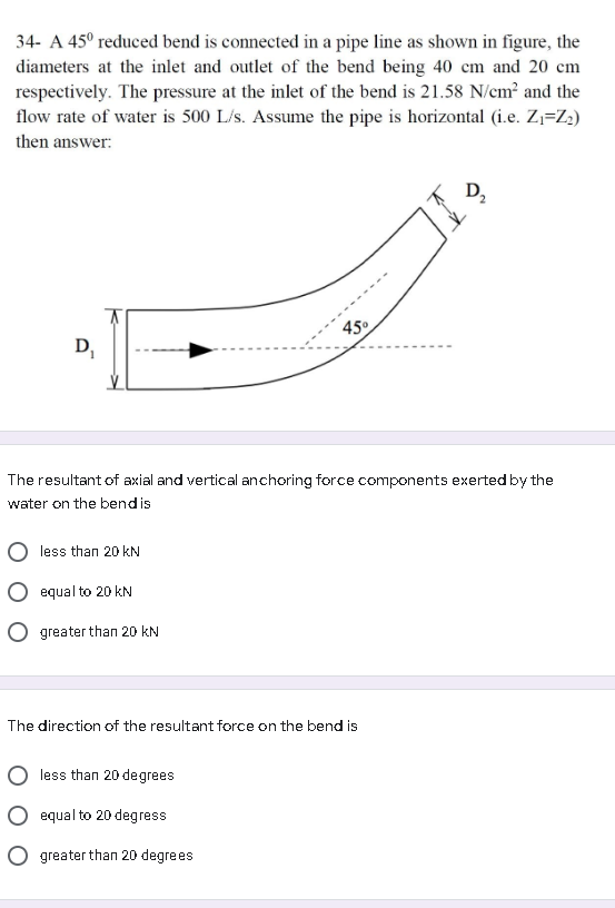 Solved 34- A 45° reduced bend is connected in a pipe line as | Chegg.com