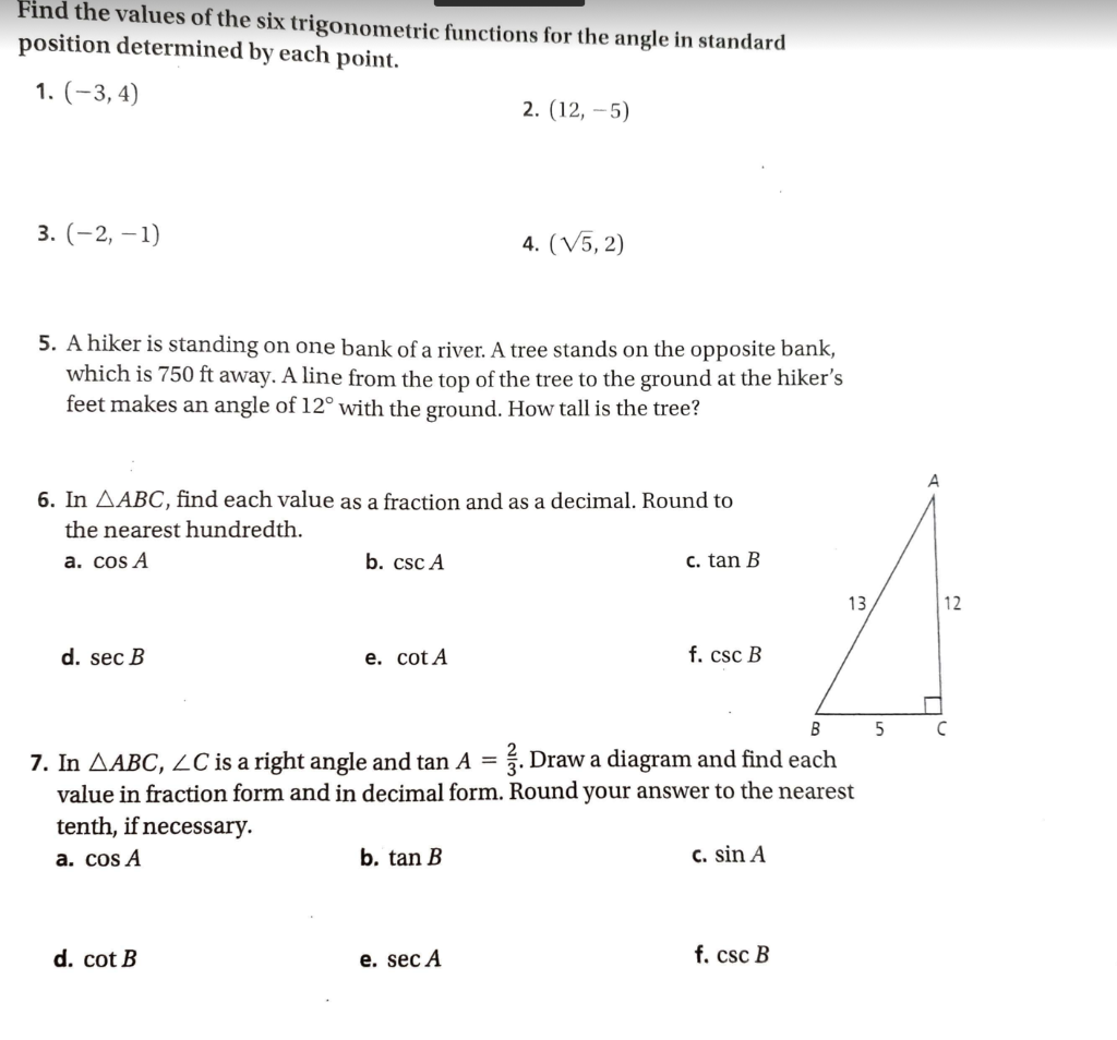 Solved Find the values of the six trigonometric functions | Chegg.com