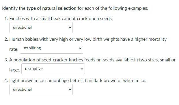 Solved Identify the type of natural selection for each of | Chegg.com