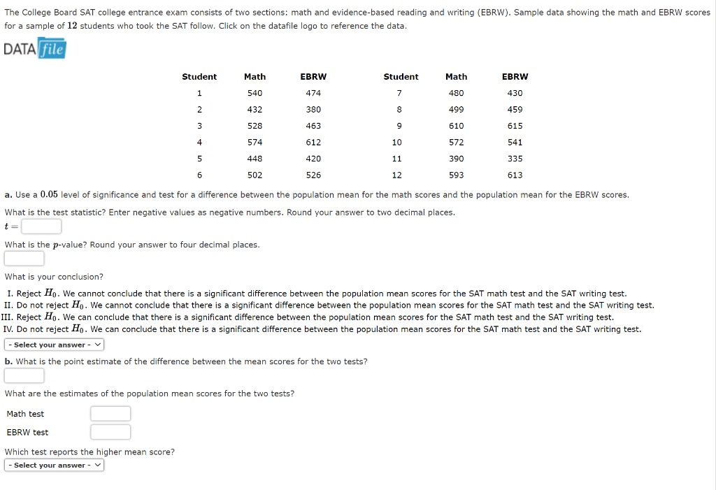 Solved The College Board SAT college entrance exam consists | Chegg.com