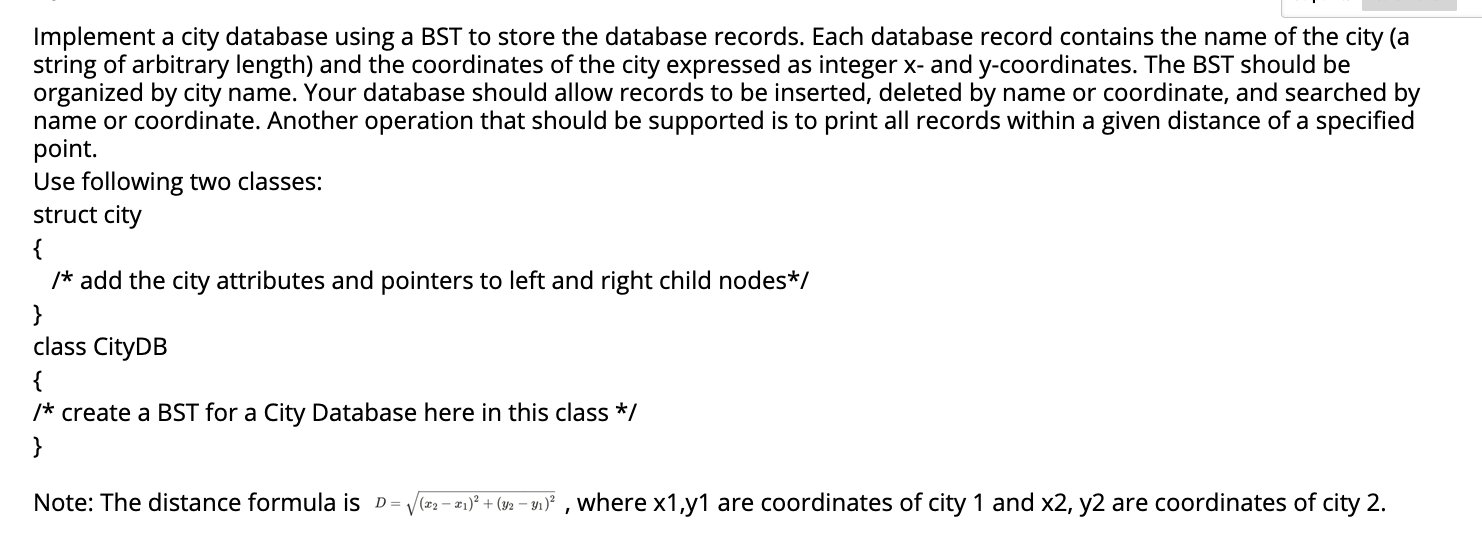 Solved C Program Implement A City Database Using A Bst To 0109