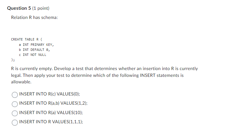 Solved Question 5 (1 ﻿point)Relation R ﻿has schema:CREATE | Chegg.com