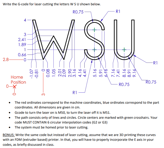 Write the G-code for laser cutting the letters W S U | Chegg.com