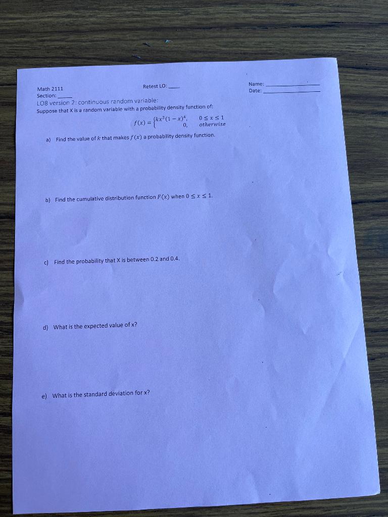 Solved Math 2111 Retest Lo Name Section Date L08 Version 