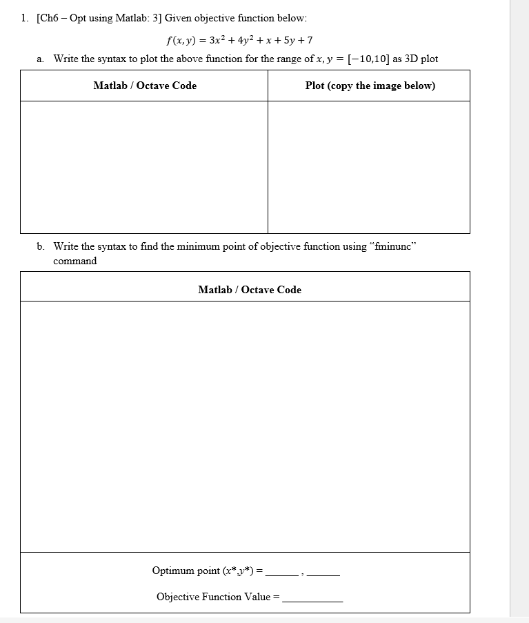 Solved 1. [Ch6 - Opt using Matlab: 3] Given objective | Chegg.com