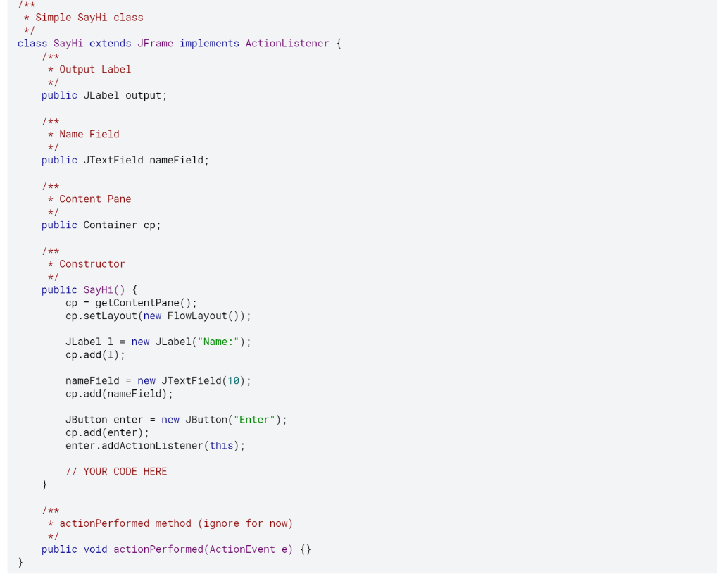 Solved /** * Simple SayHi class class SayHi extends JFrame | Chegg.com