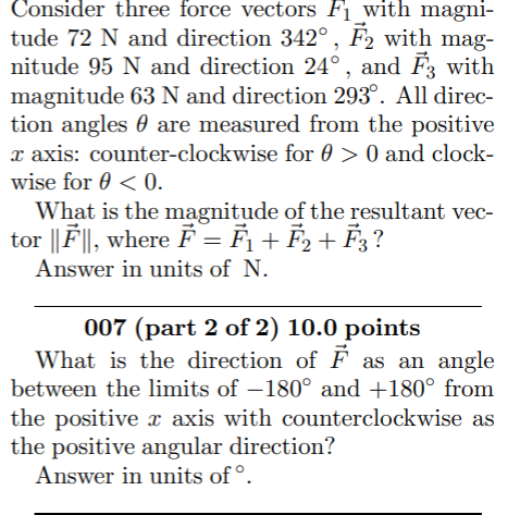 Solved Consider three force vectors Fi with magni- tude 72 N | Chegg.com