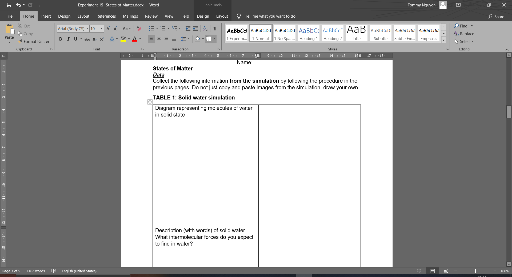 Solved Experiment 15- States of Matter.docx - Word Table | Chegg.com
