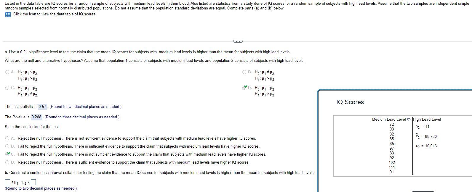 Solved Construct A Confidence Interval Suitable For Testing 1925