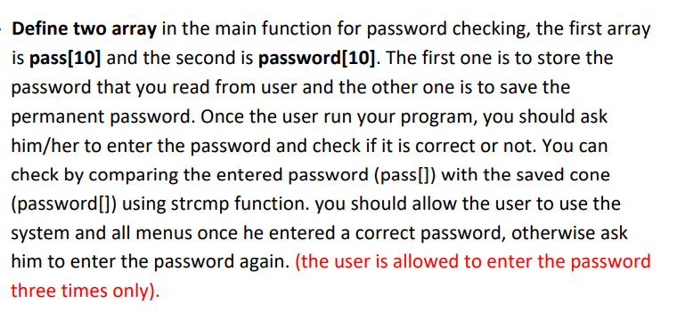 Solved Define two array in the main function for password | Chegg.com