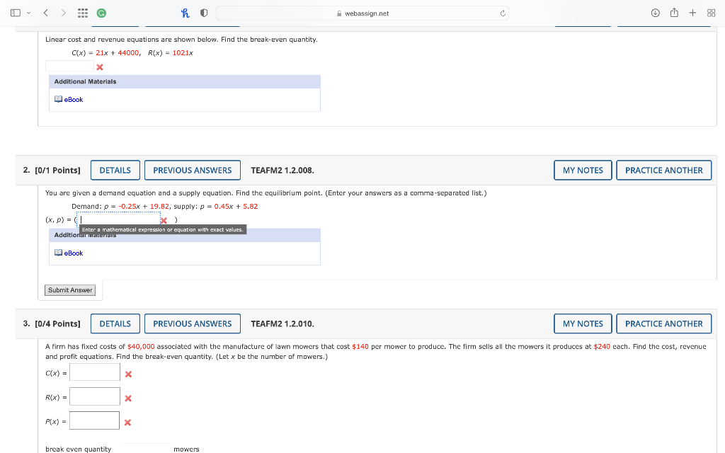 Solved Linear cost and revenue equations are shown below. | Chegg.com