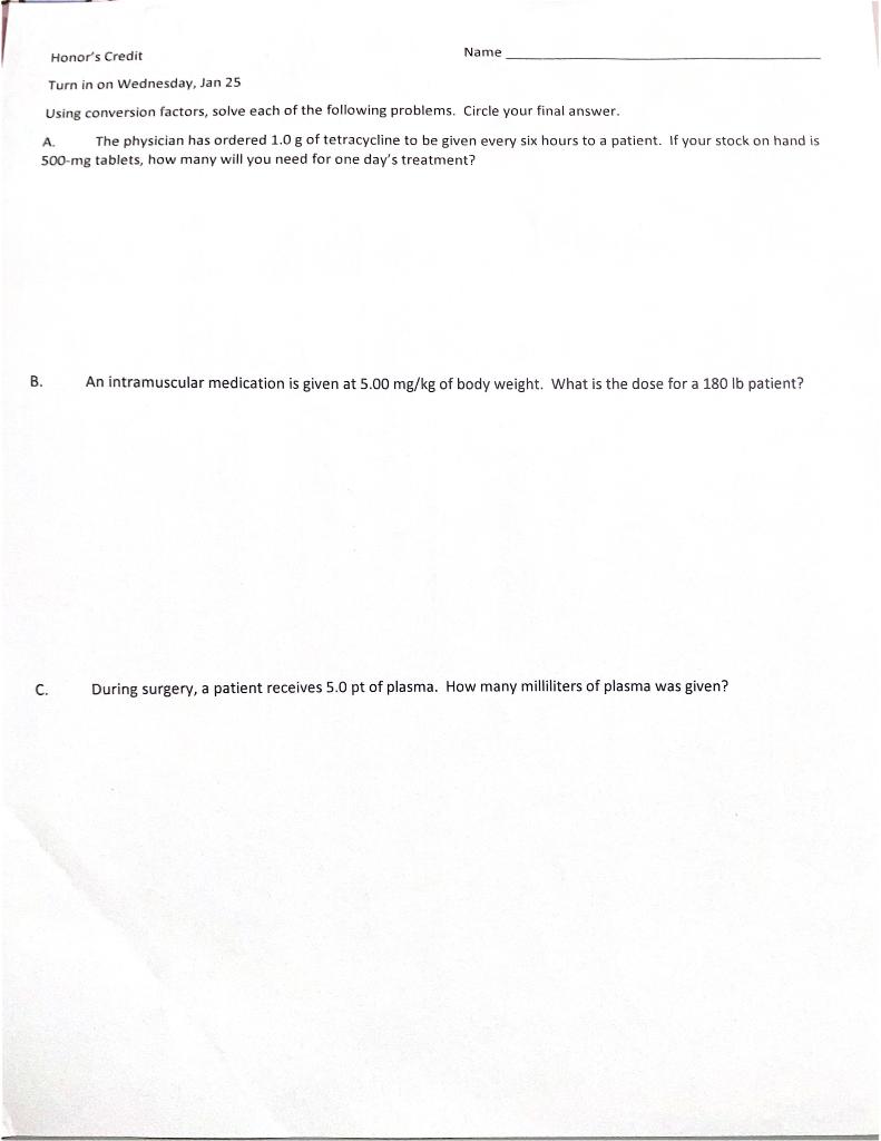 Solved Honor's Credit Name Turn in on Wednesday, Jan 25 | Chegg.com