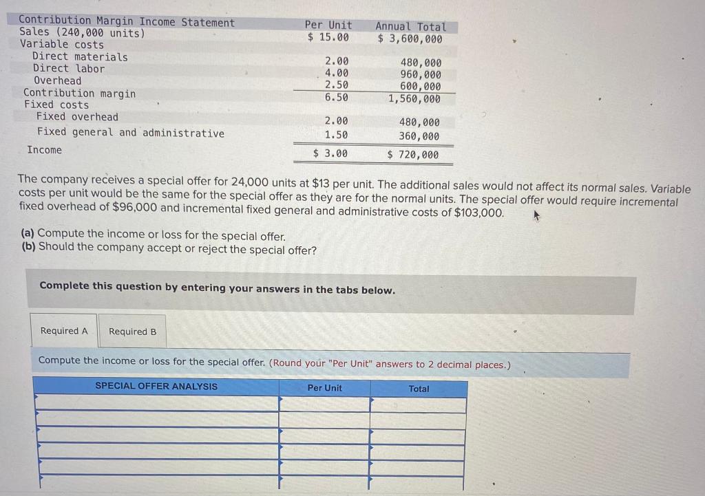 Solved The company receives a special offer for 24,000 units | Chegg.com