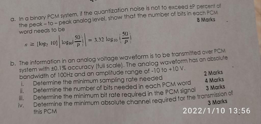 Solved A In A Binary Pcm System If The Quantization Noise 3389