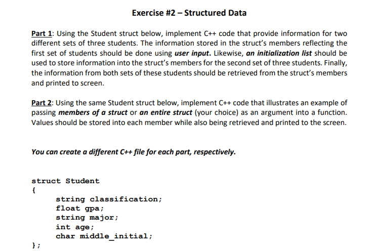 Part 1: Using the Student struct below, implement C++ | Chegg.com