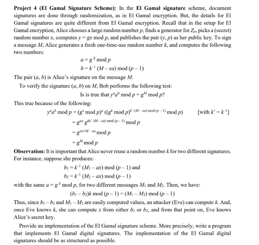 Project 4 (El Gamal Signature Scheme): In the El | Chegg.com