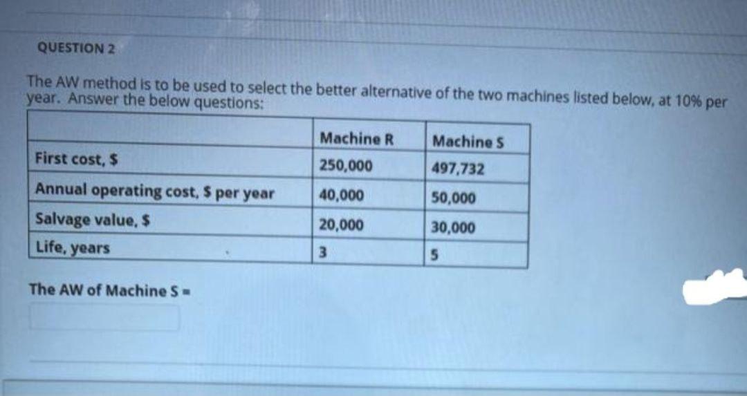 Solved QUESTION 2 The AW method is to be used to select the | Chegg.com