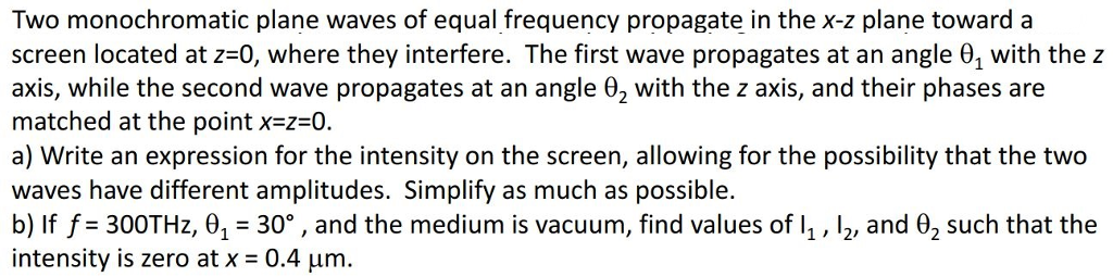 Solved Two monochromatic plane waves of equal frequency | Chegg.com