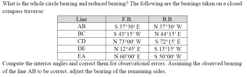 Solved What is the whole circle bearing and reduced bearing? | Chegg.com