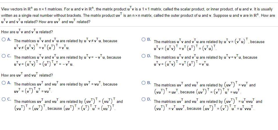 Solved T View vectors in R" as nx1 matrices. For u and v in | Chegg.com